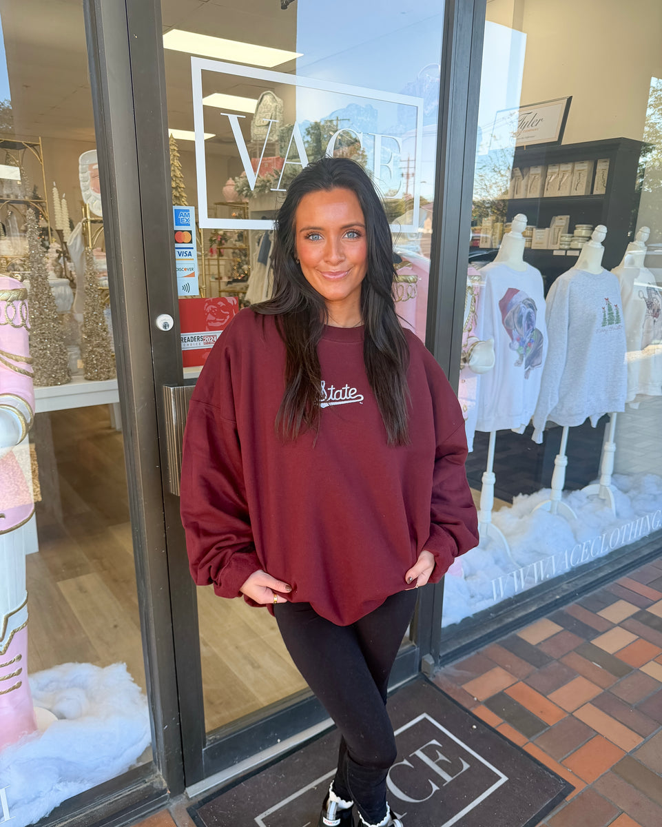 Embroidered State Script Sweatshirt- White/Maroon – VACE