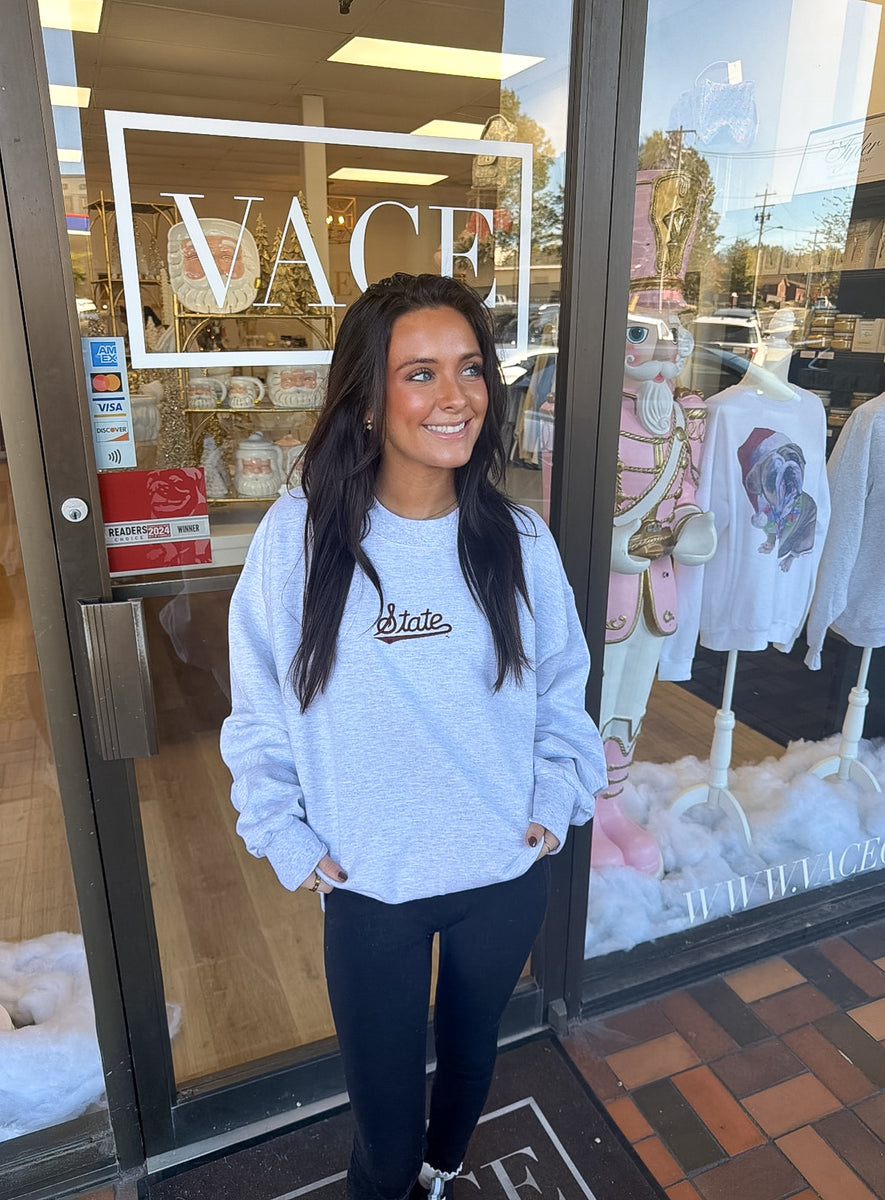 Embroidered State Script Sweatshirt- Maroon/Grey – VACE